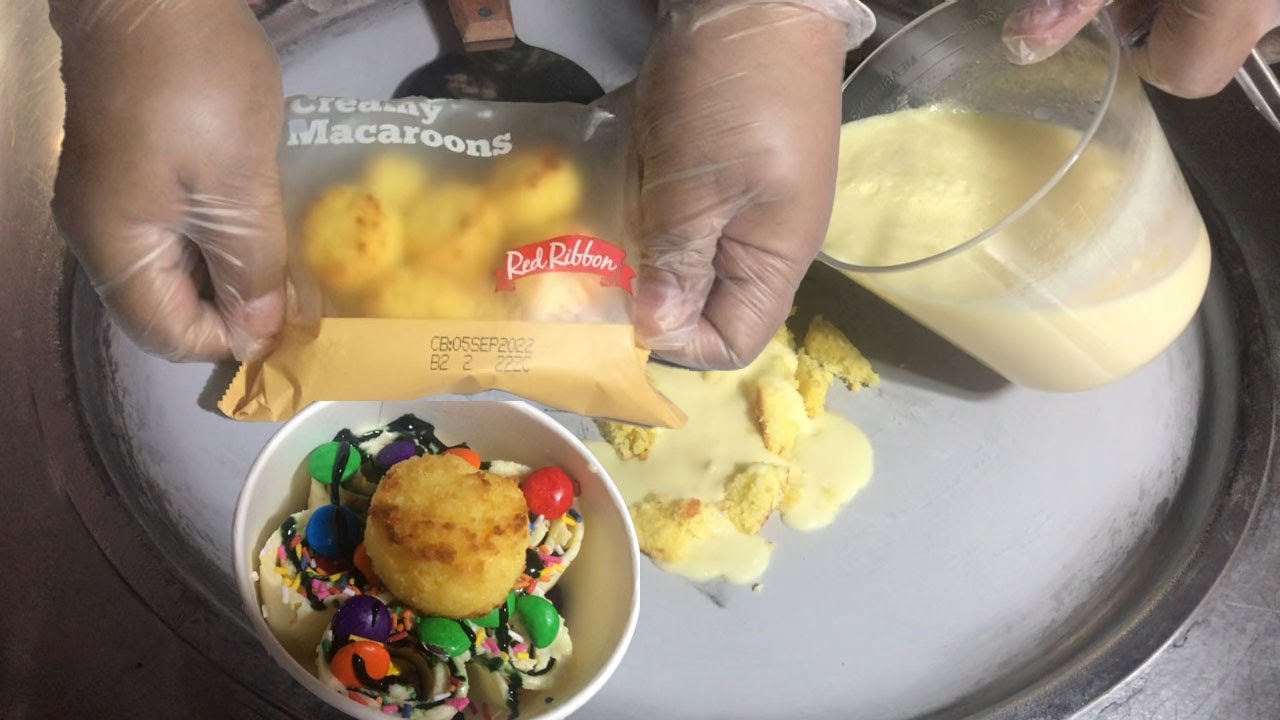 ASMR-Red Ribbon Macaroons Fried Ice Cream Rolls - YouTube