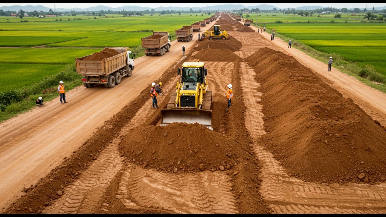 Incredible Road Base Work! Strong KOMATSU Dozer Spreading Soil to Turn ...