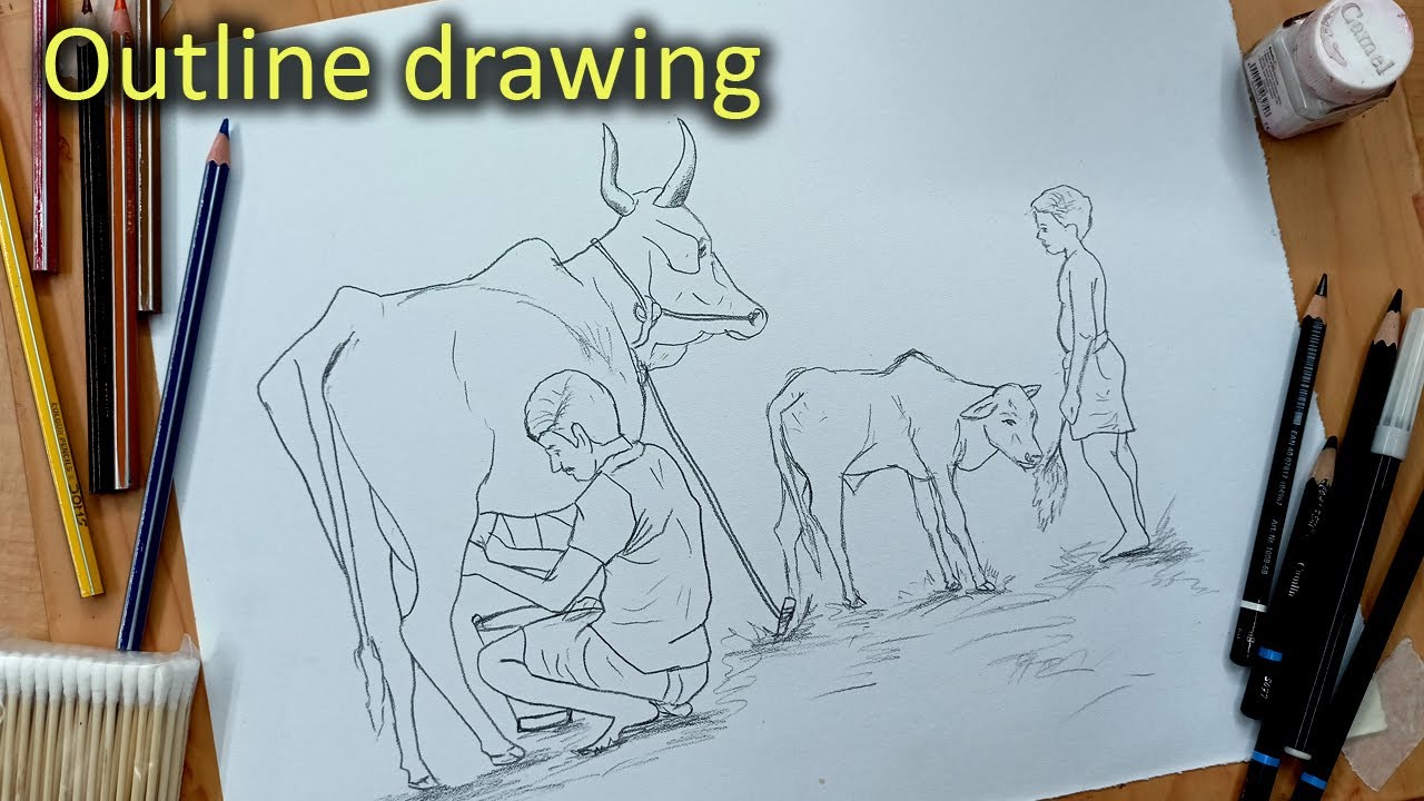 Village Scenery and Milkman Outline drawing tutorial for beginners ...