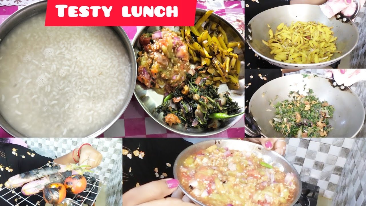 Desi lunch||Water rice with vegitable|| Alu bhujia😋sag😋began chatni ...