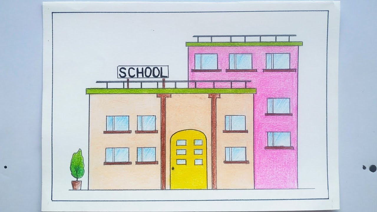 School Scenery Drawing / My School Drawing / How to Draw a School Easy ...