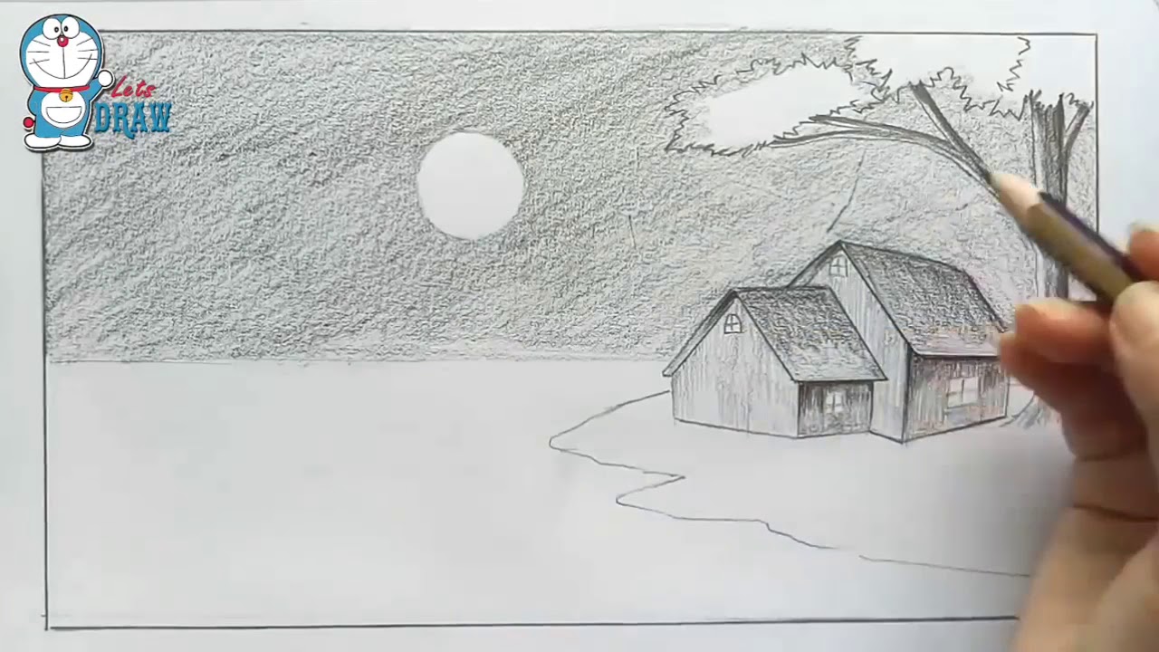 How to draw moonlight night scenery with pencil step by step - YouTube