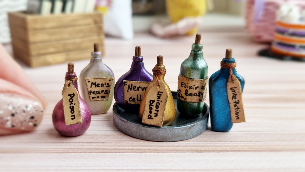 Miniature bottles with magic potion💜🖤🤍Polymer clay - YouTube