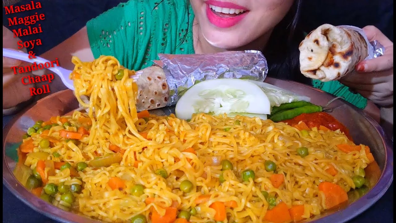Eating Masala Maggi With Malai & Tandoori Chaap Roll || Maggie & Roll ...