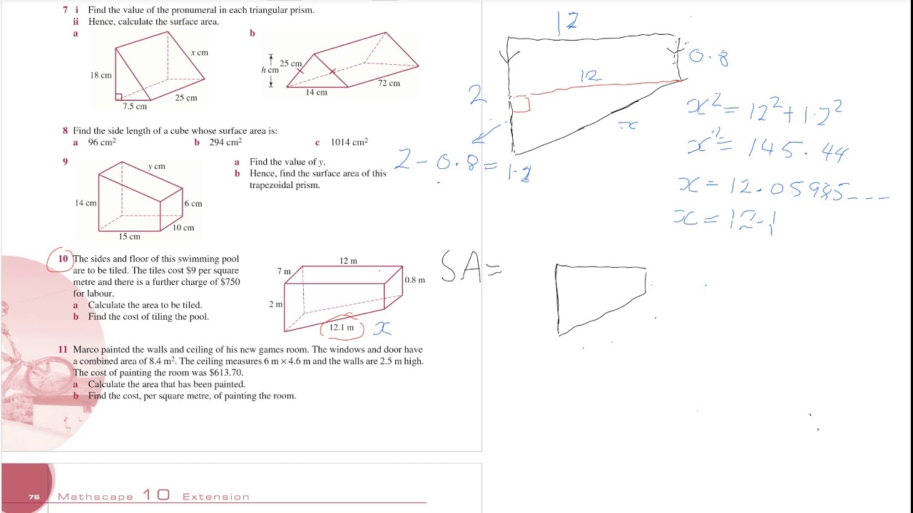 Year 10 5.3 Mathscape Ex 3.1 Q9 Surface area of a trapezoidal prism/pool - YouTube
