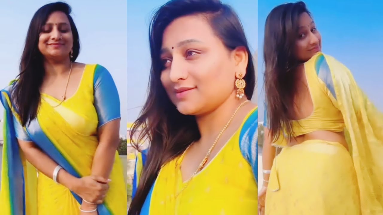 Elegant Yellow & Blue Saree Look Plus Size Glamorous Pose South Saree ...