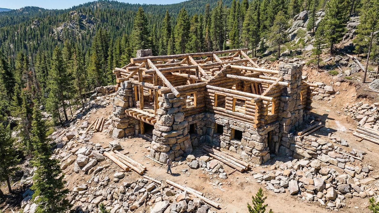 Build a Stone House in the Mountains | Primitive Log Cabin with Massive ...