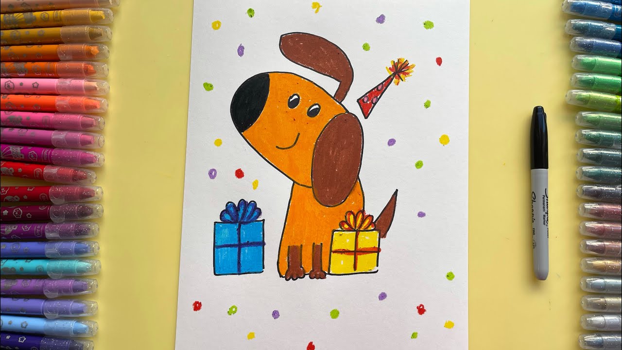 How to draw a dog, ideas for birthday card - YouTube