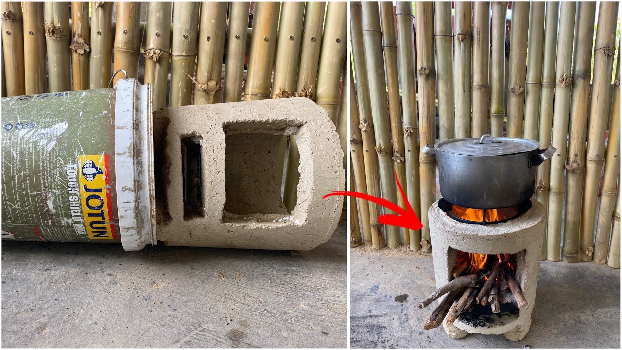 How to make a unique stove using plastic buckets and cement - YouTube