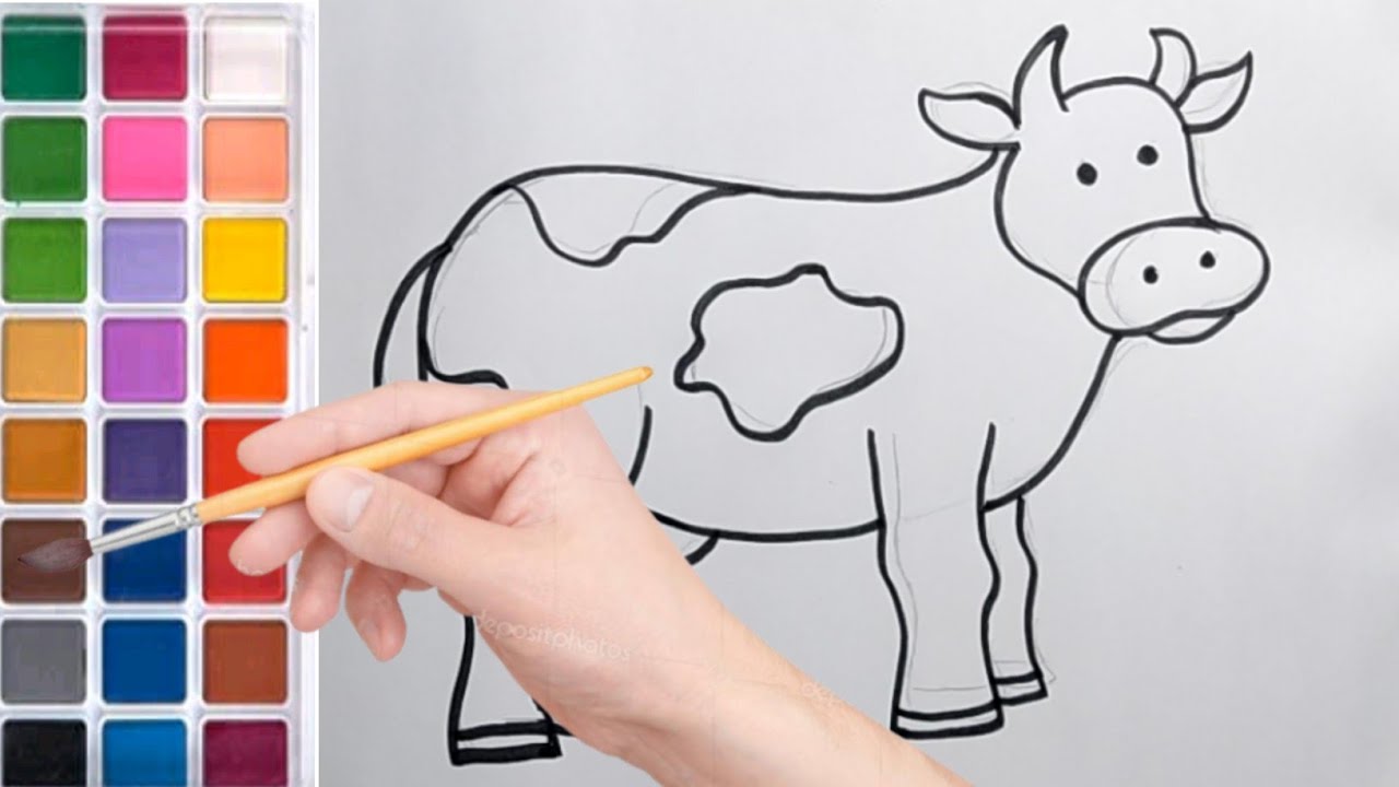 Easy drawing of cow step by step. Cow drawing and colouring by water ...
