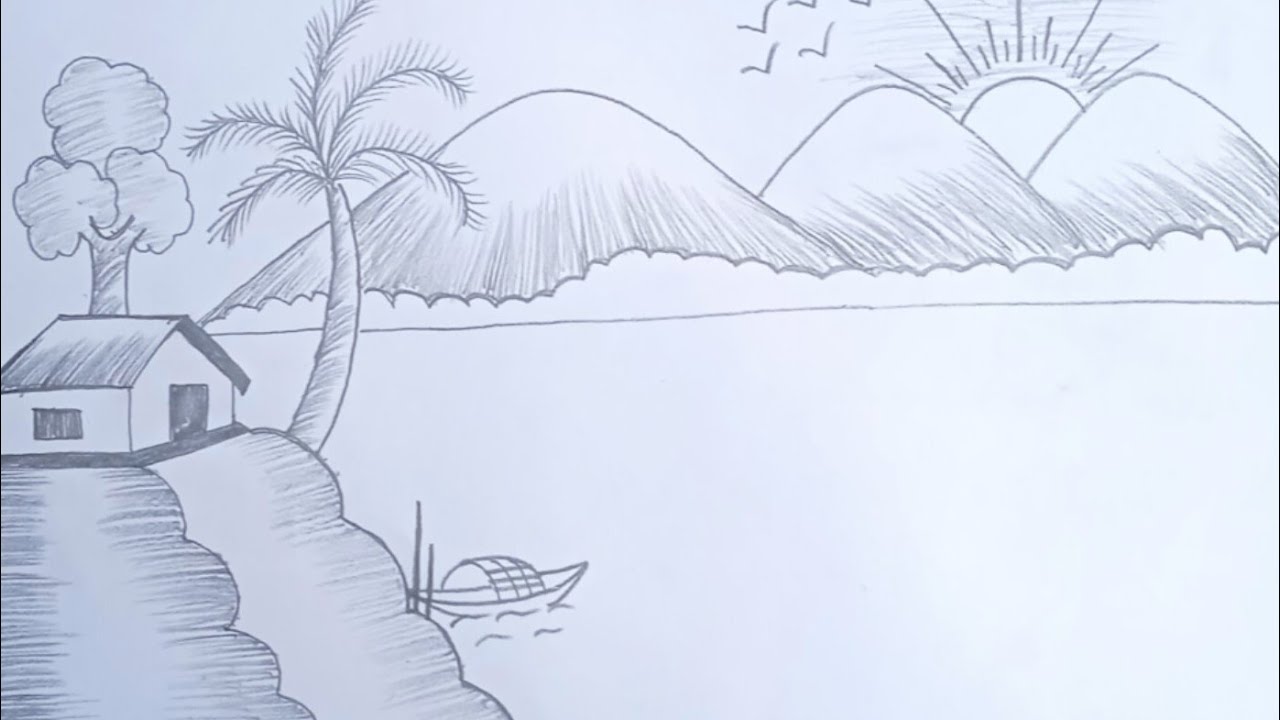 How to draw a mount and river scenery/Easy pencil scenery drawing ...