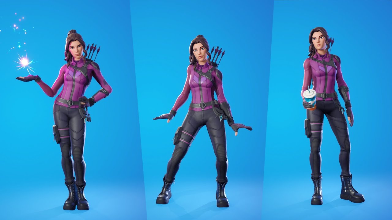 Kate bishop skin showcase with Emotes & Dances | Fortnite X Hawkeye ...