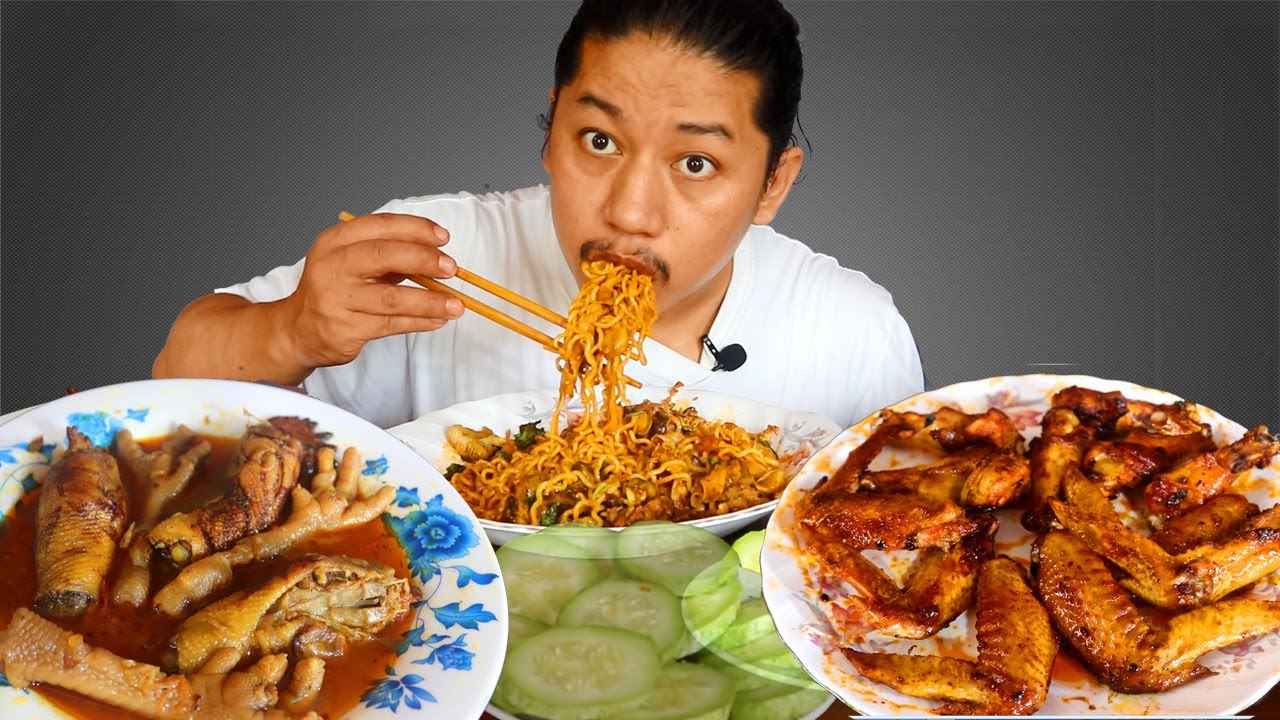Chicken,wings, kalejo pangra Andra Noodles, Kodo ko jhol | Mukbang ...