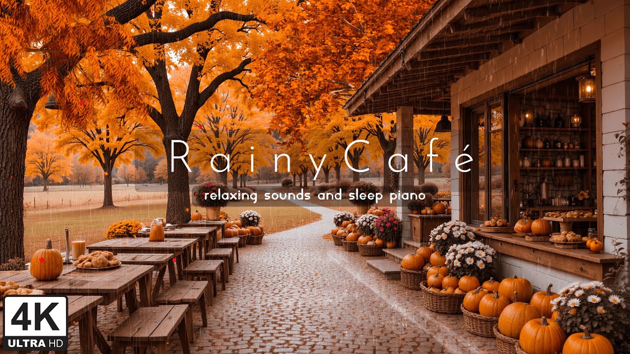 Cozy Fall Street Café with Pumpkins 🍁 Smooth Piano & Rain Sounds for ...