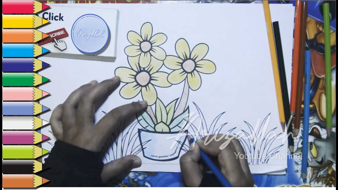 Menggambar dan mewarnai macam macam bunga || Cara menggambar bunga di ...