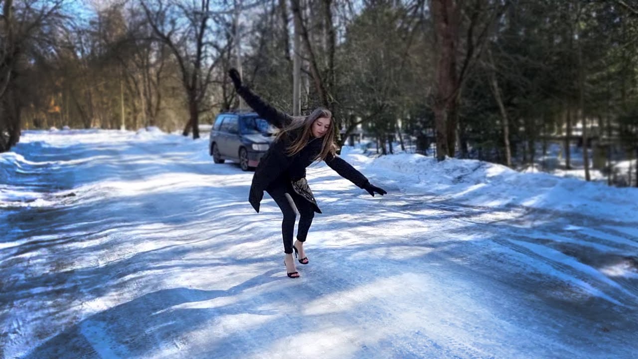 High Heels Mules on Slippy ICE, High Heels Mules on Icy road, Girl in ...