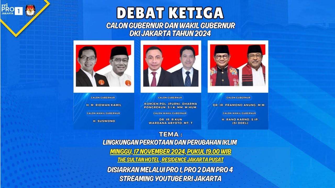 DEBAT KETIGA CALON GUBERNUR DAN WAKIL GUBERNUR DKI JAKARTA TAHUN 2024 ...