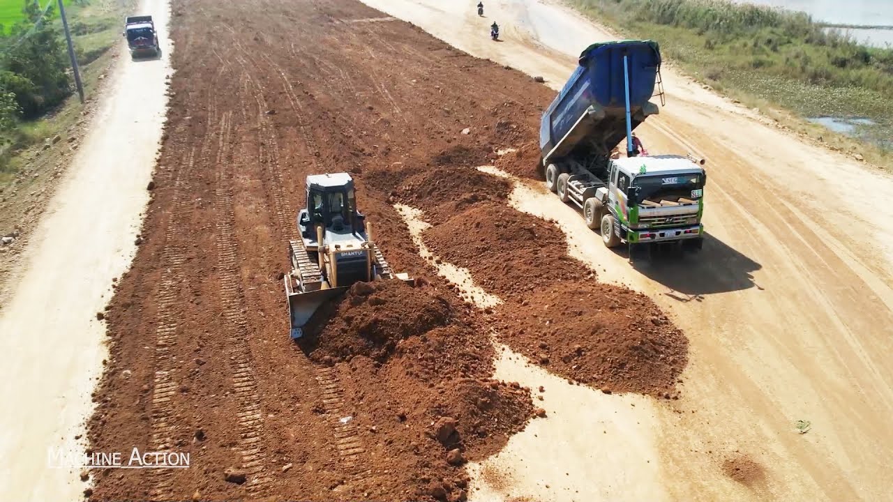 Impressionable Road Building Process Bulldozer Spreading Soil Grading ...