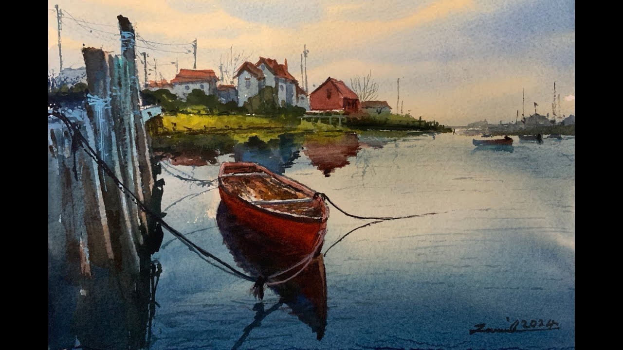 How to paint boat in watercolor - Harbor scene - YouTube
