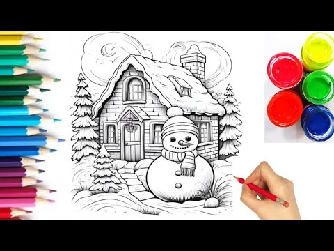 How to draw a snow house with snowman for kids step by step | easy snow ...