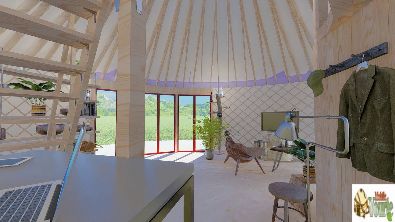 Visite d'une yourte contemporaine en 3D (mobileyourte). Aménagement d ...