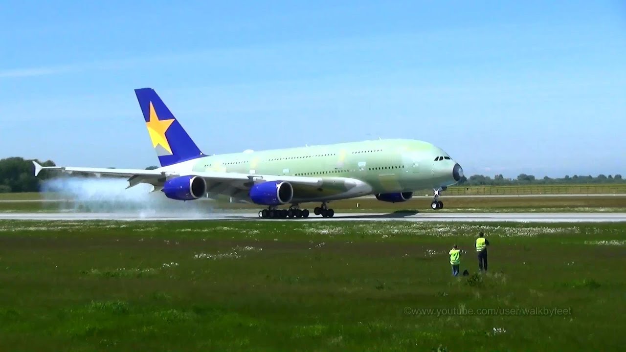 Skymark Airlines A380 JA380A in primer landing at Hamburg Finkenwerder ...