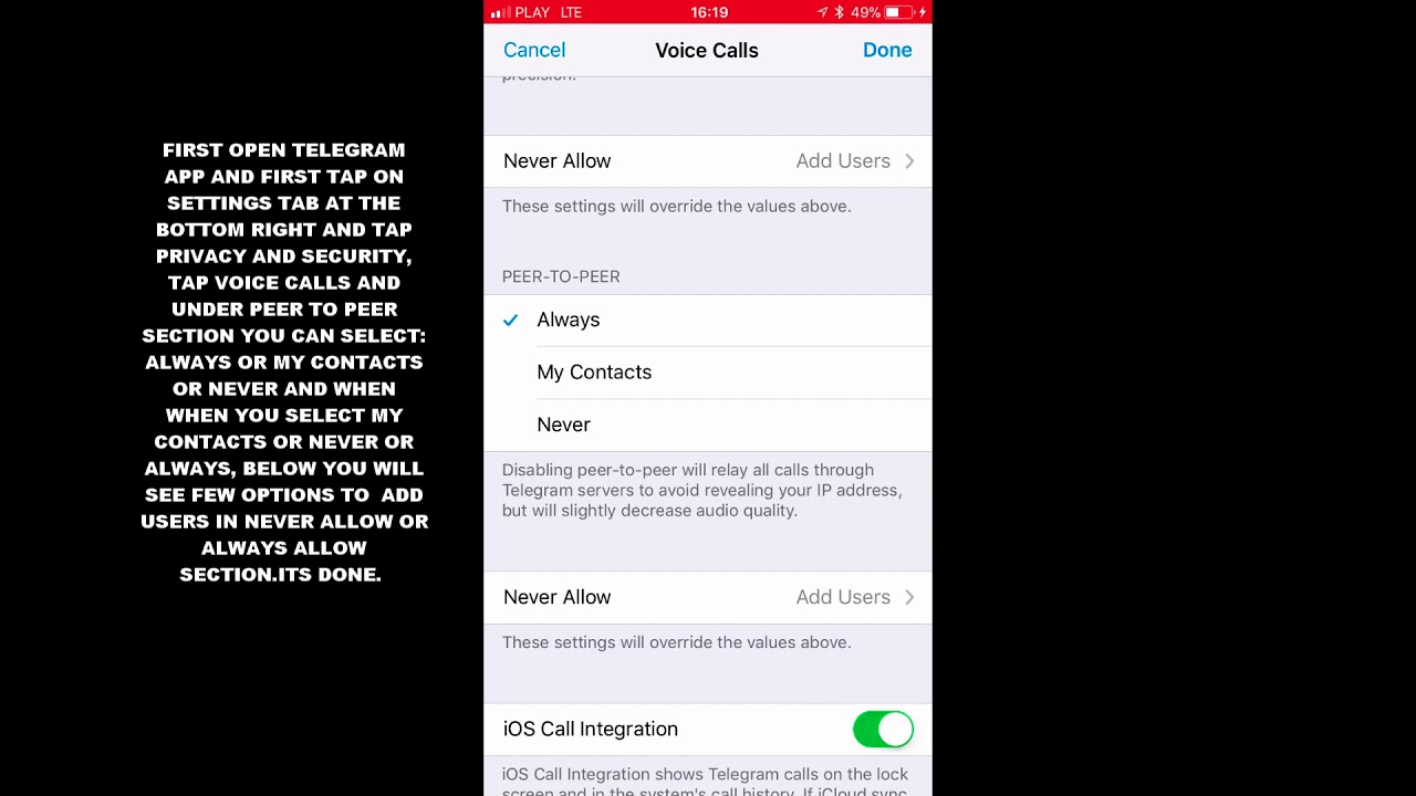 HOW TO ADJUST PEER TO PEER SETTINGS (VOICE CALLS) IN TELEGRAM APP IOS ...