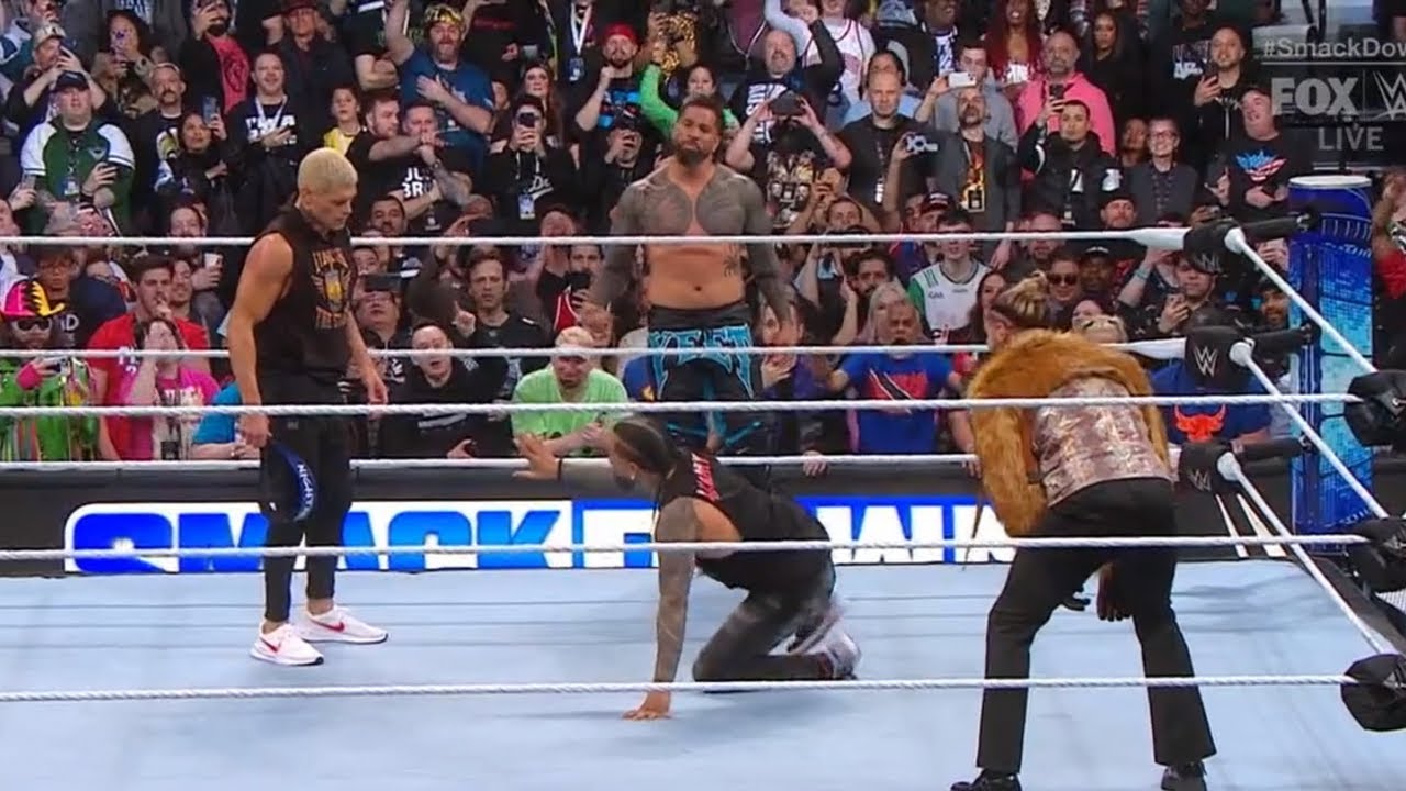Seth Rollins Cody Rhodes and Jey Uso whip The Bloodline on WWE Smackdown before Wrestlemania XL ...