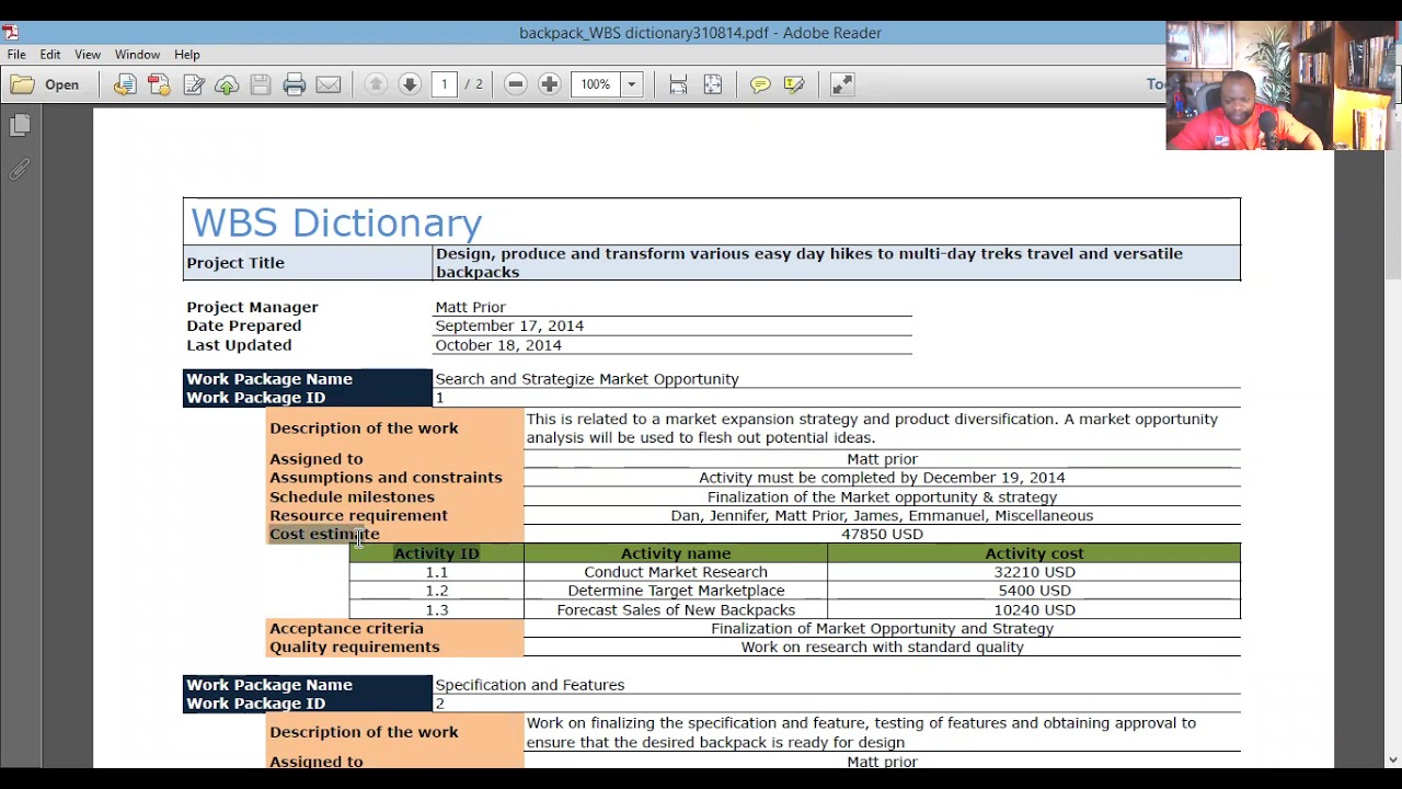 Work Breakdown Structure Dictionary Example