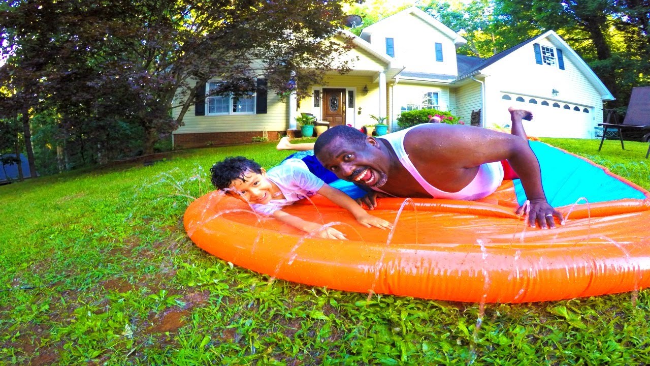 SLIP & SLIDE FUN with AJ & Big Daddy Shook Shook on the WATER Slide ...