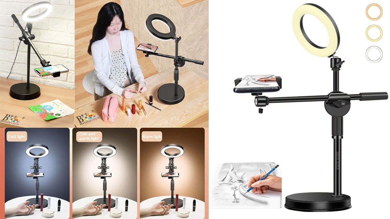 BROLAVIYA Overhead Video Stand with 6-inch Ring Light, Metal Rod,1/4 ...