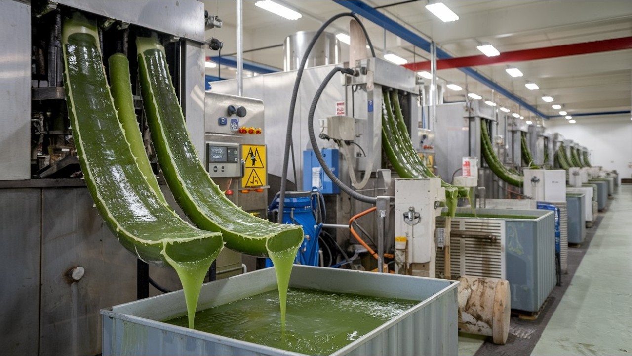 Aloe vera gel extraction process in a factory | How aloe vera juice is ...