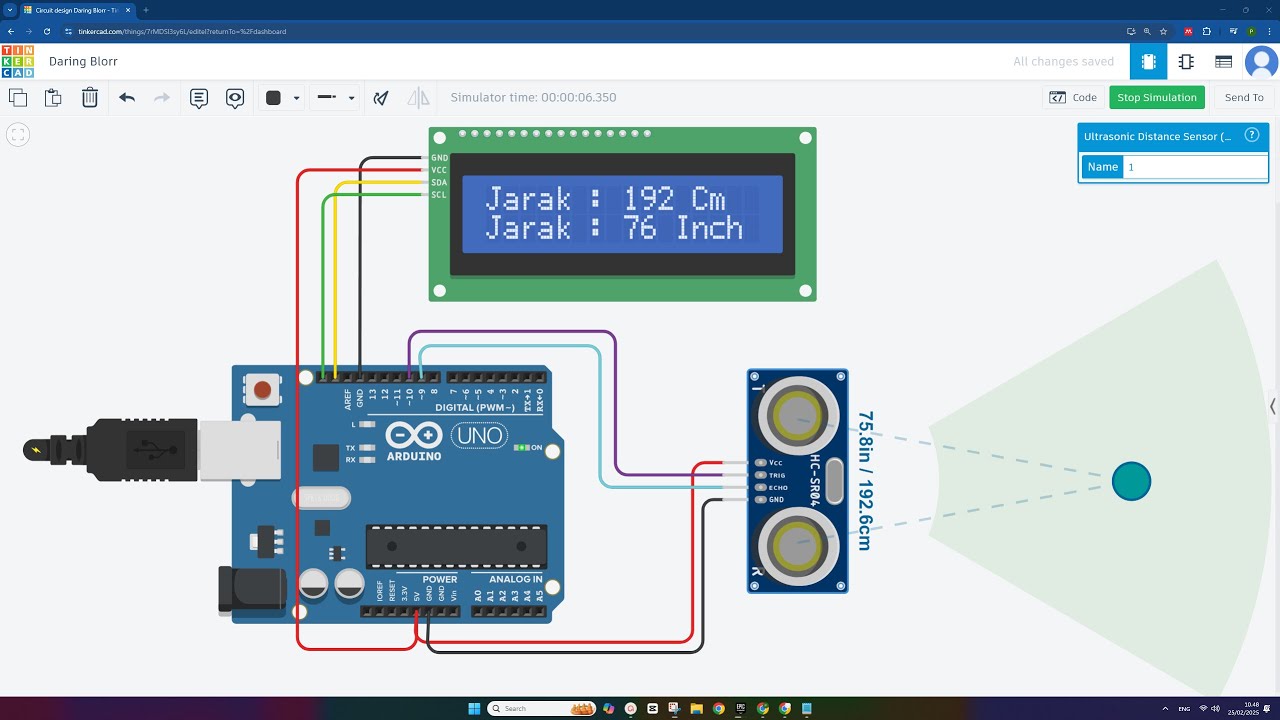 Tutorial Membuat PENGUKUR JARAK Sensor Ultrasonik dalam Cm dan Inch LCD I2C di TINKERCAD - YouTube