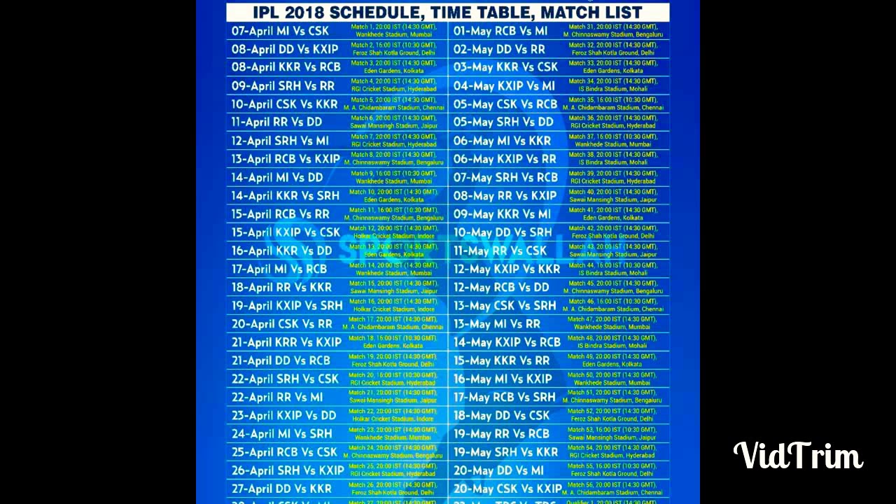 VIVO IPL 2018 Schedule Time Table - YouTube