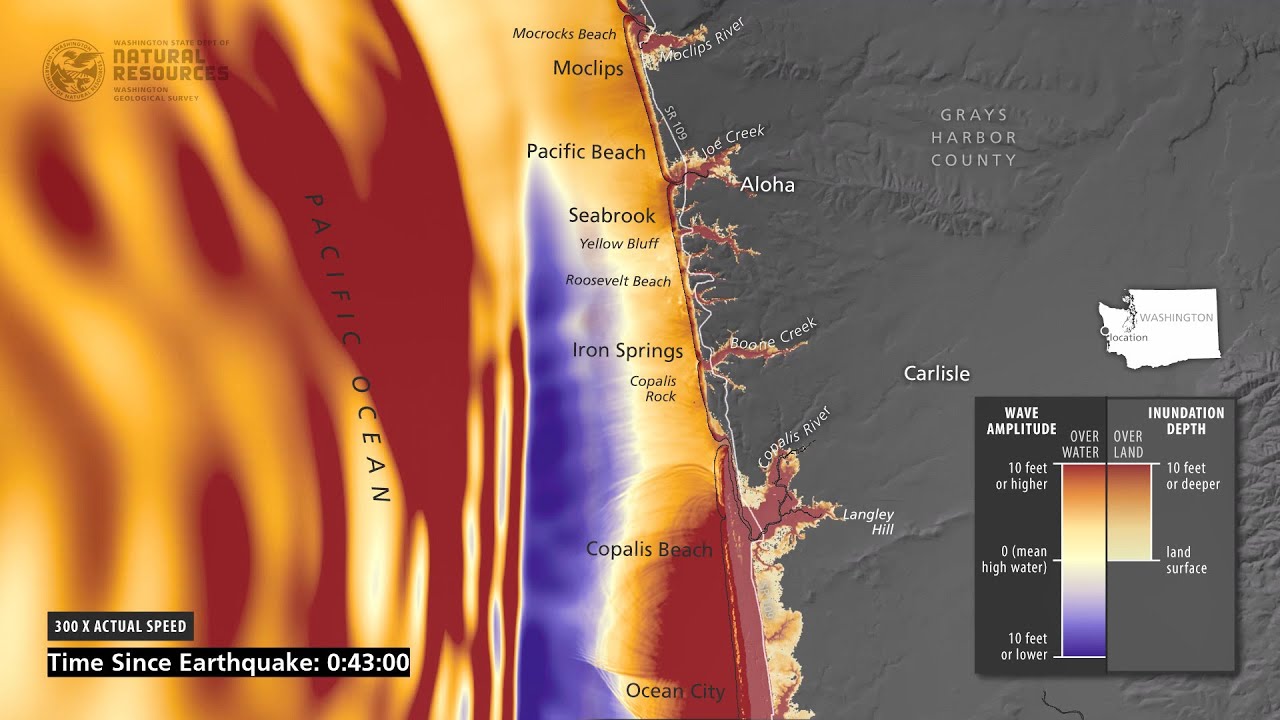 Tsunami wave simulation for the Pacific Beach region, Wash. - YouTube