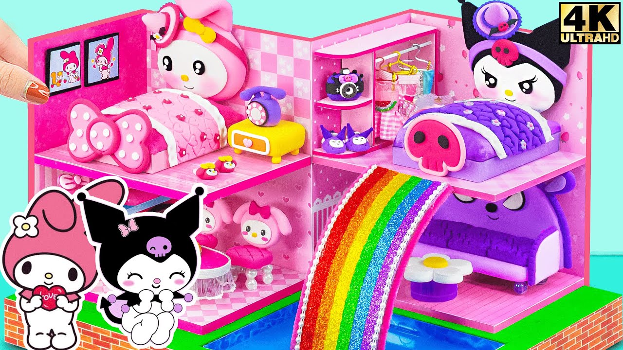 Build Kuromi House with Two Bedroom & Rainbow Slide, Pink Room for My ...
