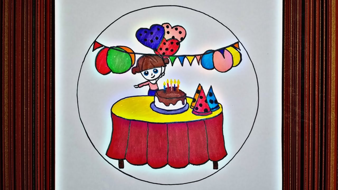 How to draw Birthday party in circle || Easy Birthday drawing ideas ...