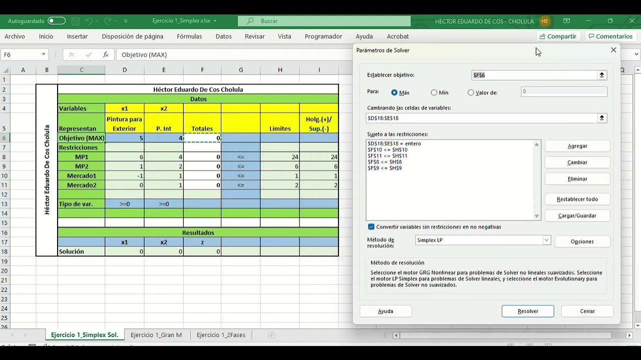 IO1 Solución del Método Simplex con Solver de Excel - YouTube