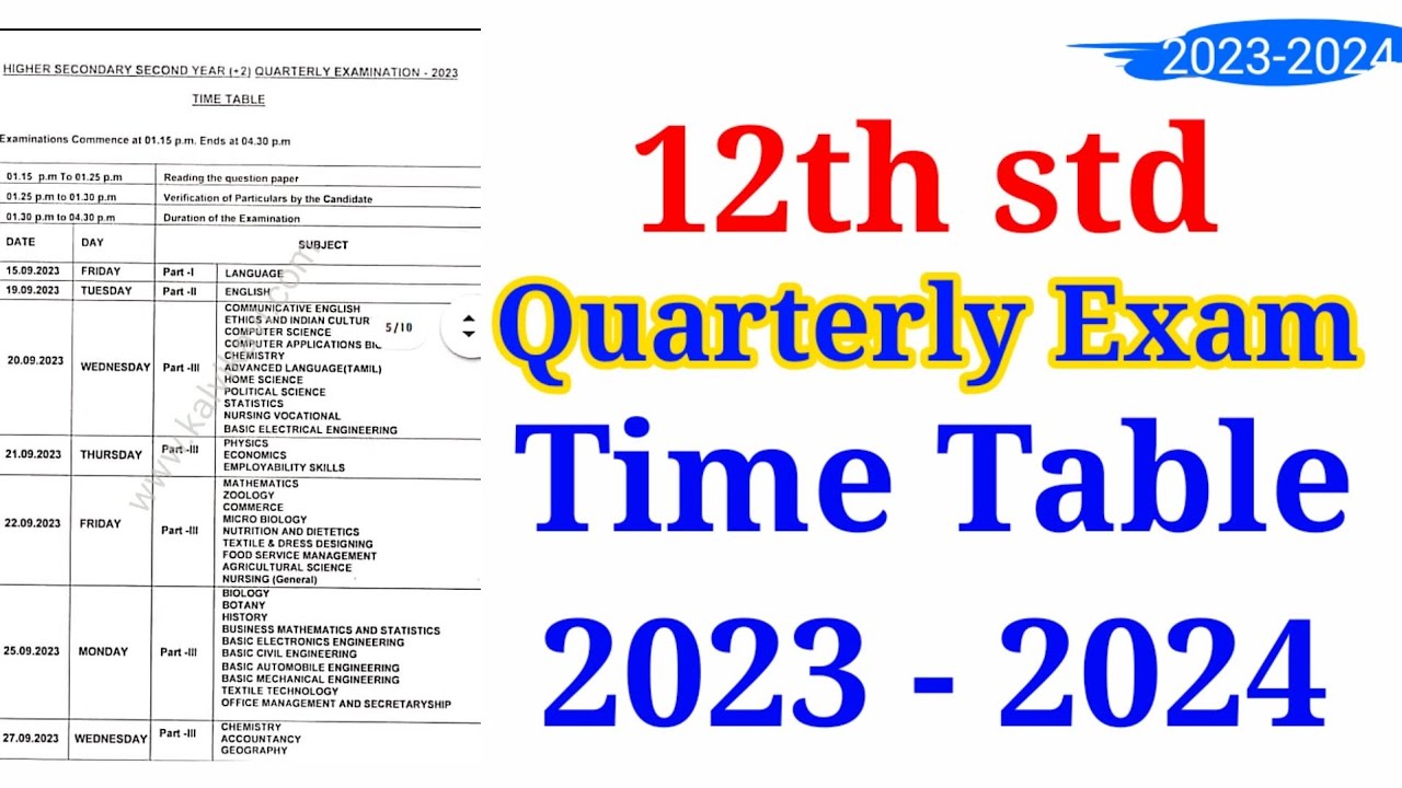 12th Standard - Quarterly Exam Time Table 2023 | Pdf Download ...
