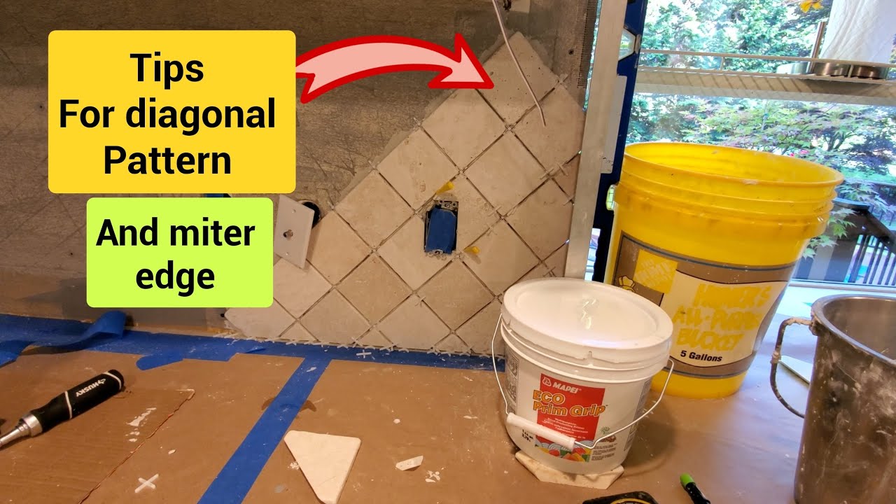 Diagonal Pattern tile with a miter edge, chiseled travertine - YouTube