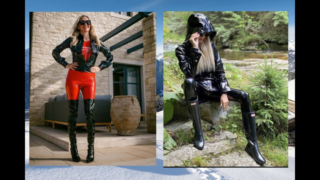 Women in glossy PVC fashion - YouTube