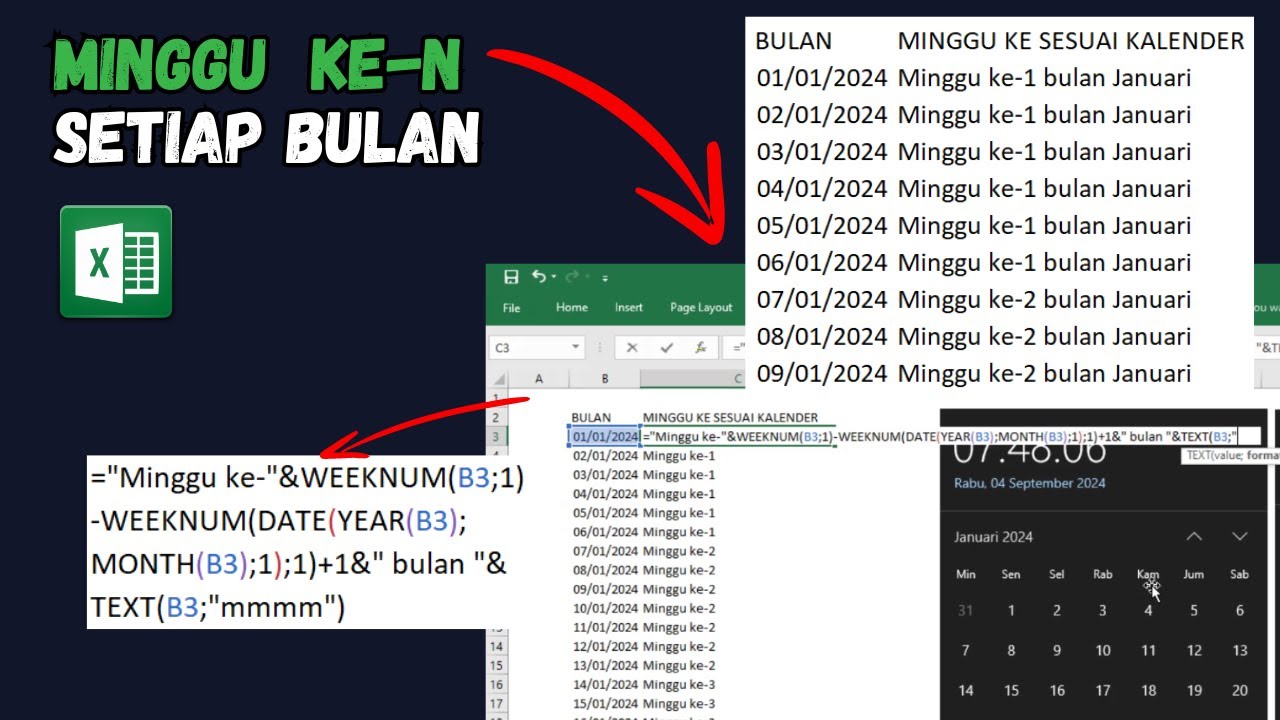 Menuliskan Minggu ke-N pada bulan berbeda sesuai kalender dengan rumus ...