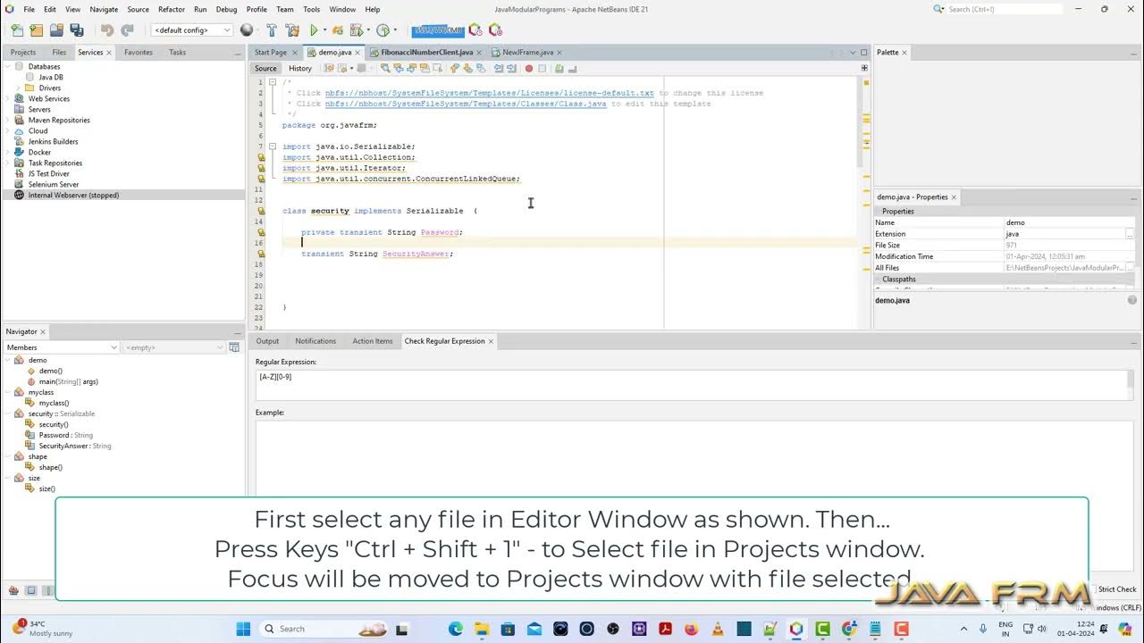 Apache NetBeans IDE 21 Tutorial - Short Cut Key - Ctrl + Shift + 1 - Select file in Projects ...