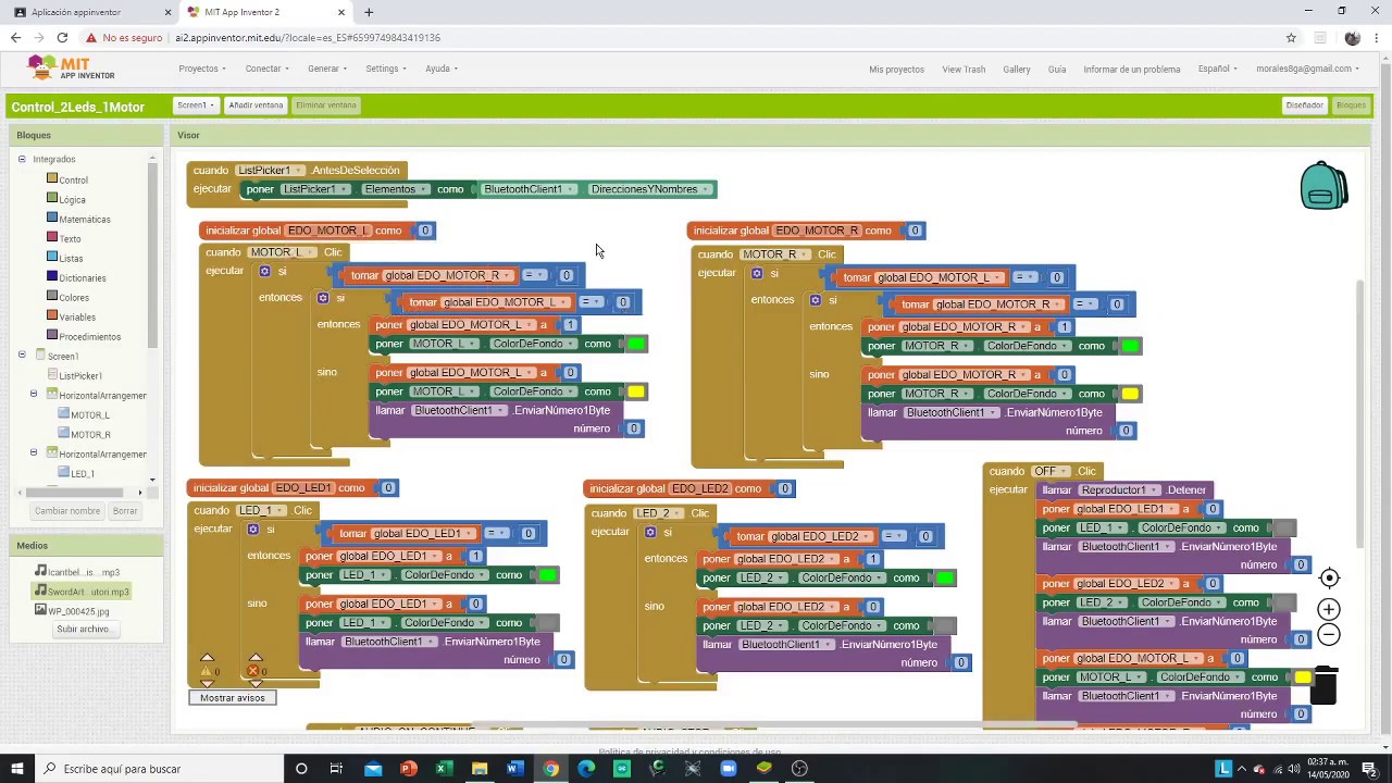 App Inventor 1 (control giro de un motor, dos LEDs y un audio) - YouTube