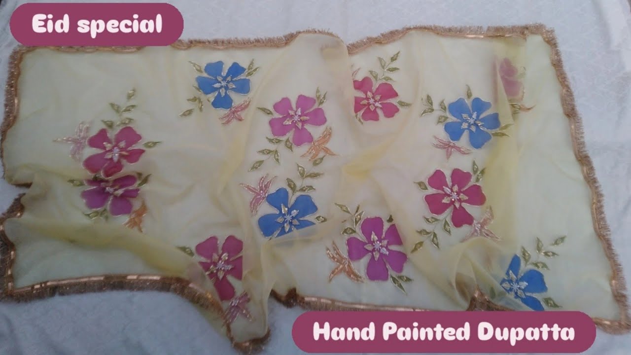 Eid Special Dupatta🌸 Hand painted Dupatta With Handwork Hand Embroidery ...