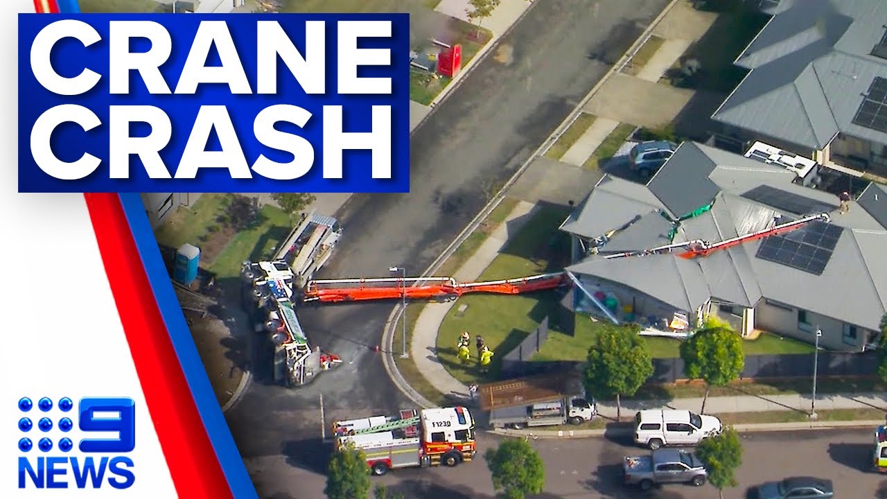 Crane slams into Queensland family home after truck topples | 9 News ...
