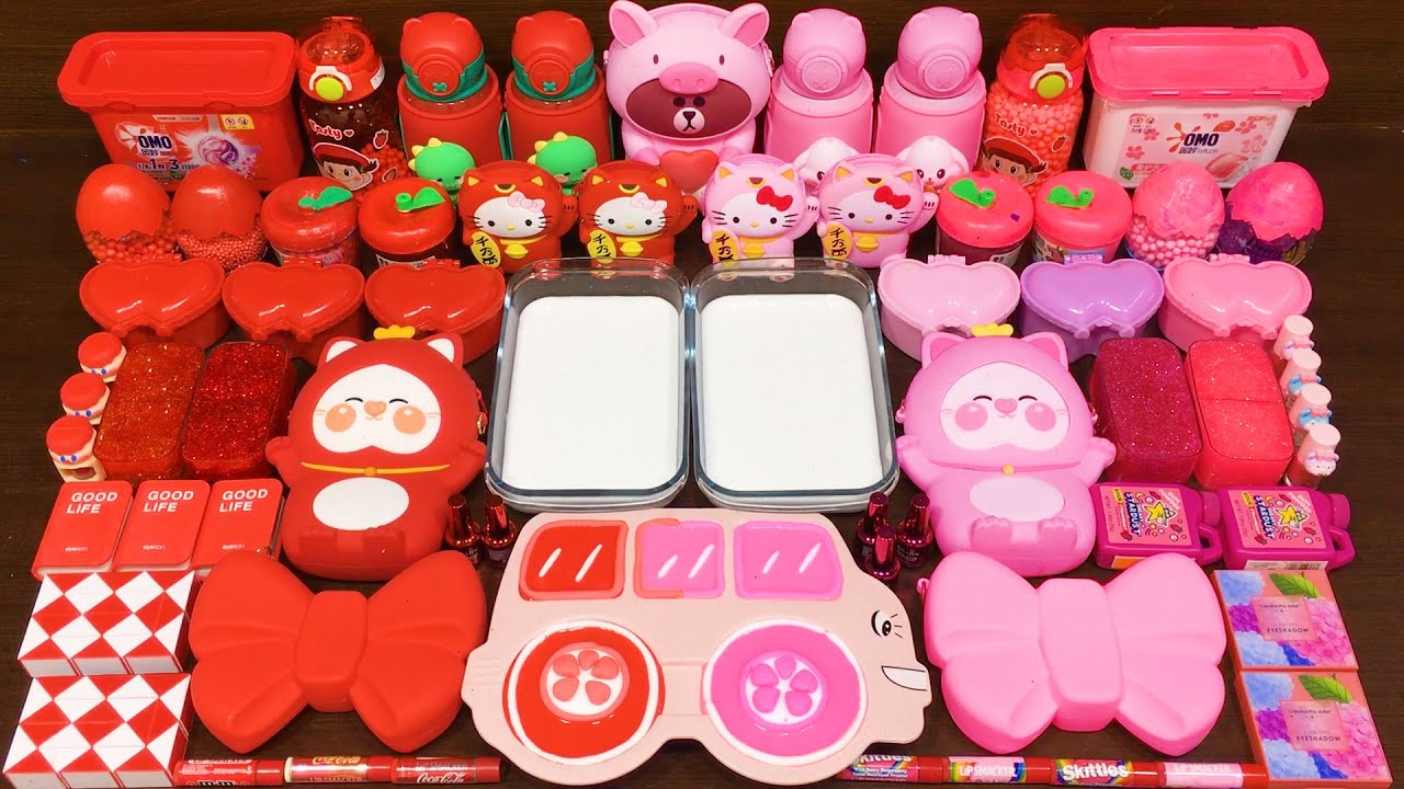 RED vs PINK!! Mixing Random Things into Glossy Slime!! Satisfying Slime ...