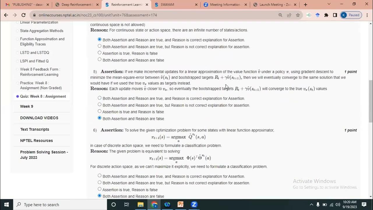 Reinforcement Learning Week8 Assignment Answers Nptel July2023 Youtube
