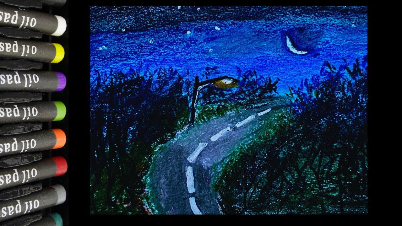 How to draw a lonely forest road with Oil Pastel || Moonlight night ...