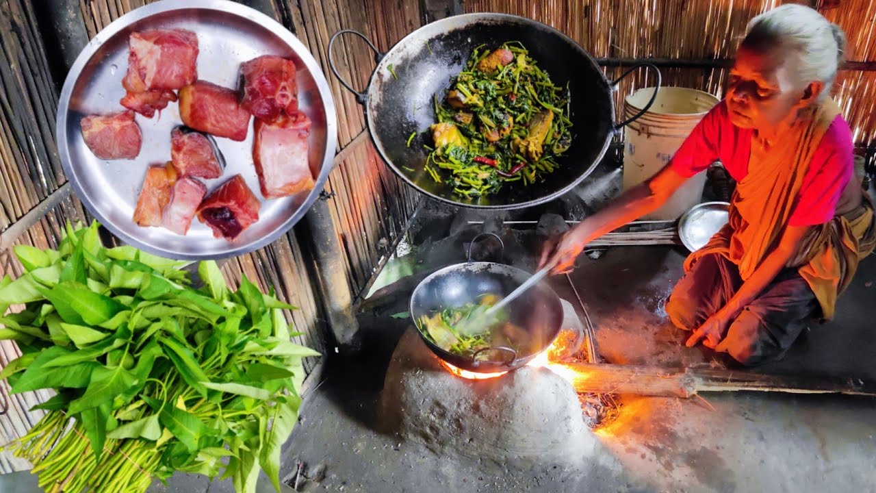 How Old grandmother cooking & eating fish recipe with fresh kalmi shak ...